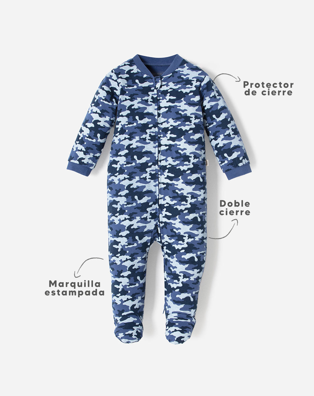 Pijama bebé niño cierre doble sentido manga larga azul camuflada